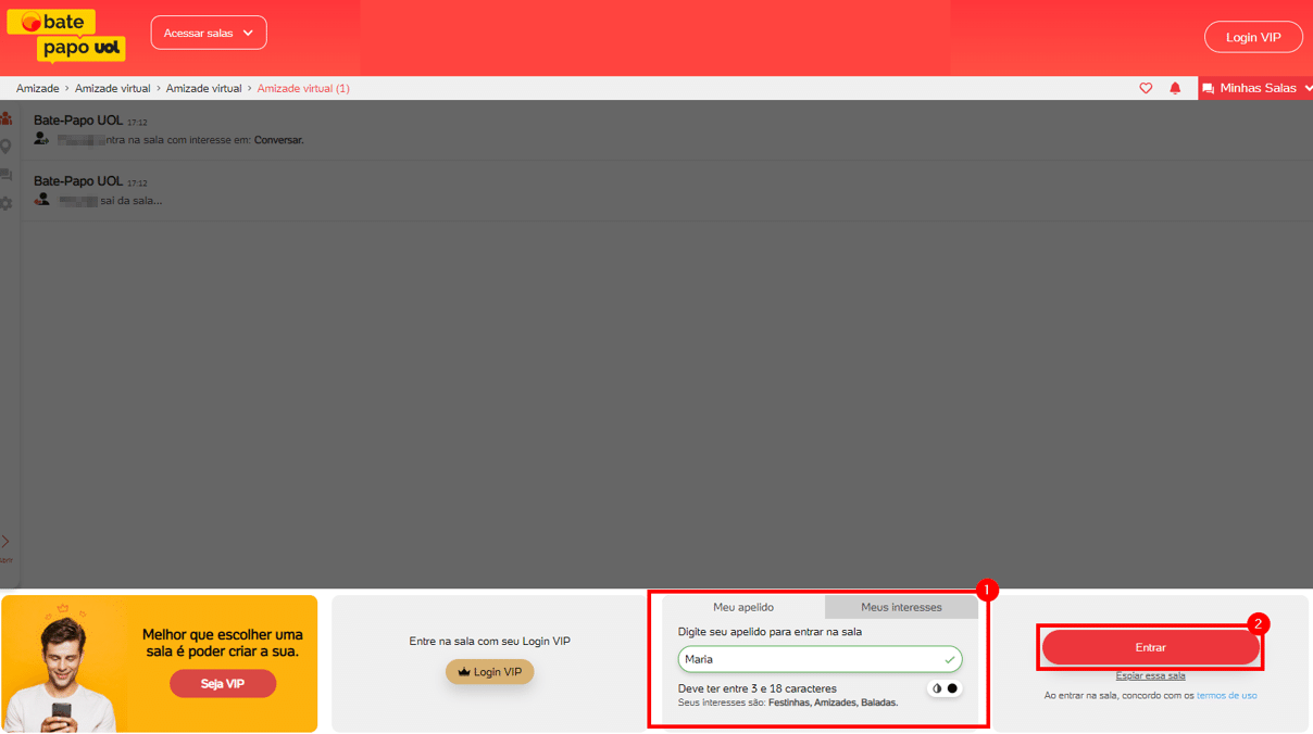 Como entrar em uma ou mais salas do Bate-Papo UOL e encontrar um usuário?